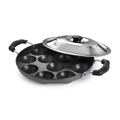 Cello Non-Stick 12 Appam Patra 2 Side Handle with Stainless Steel Lid ...