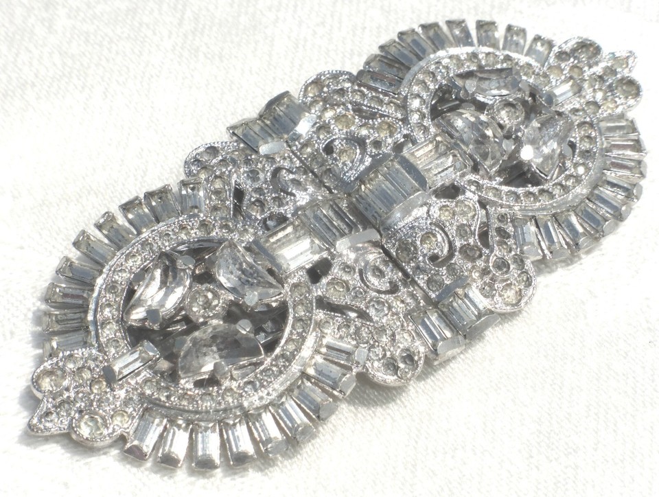 BEAUTIFUL VINTAGE ART DECO SILVER TONE CLEAR RHINESTONE DUETTE BROOCH ...