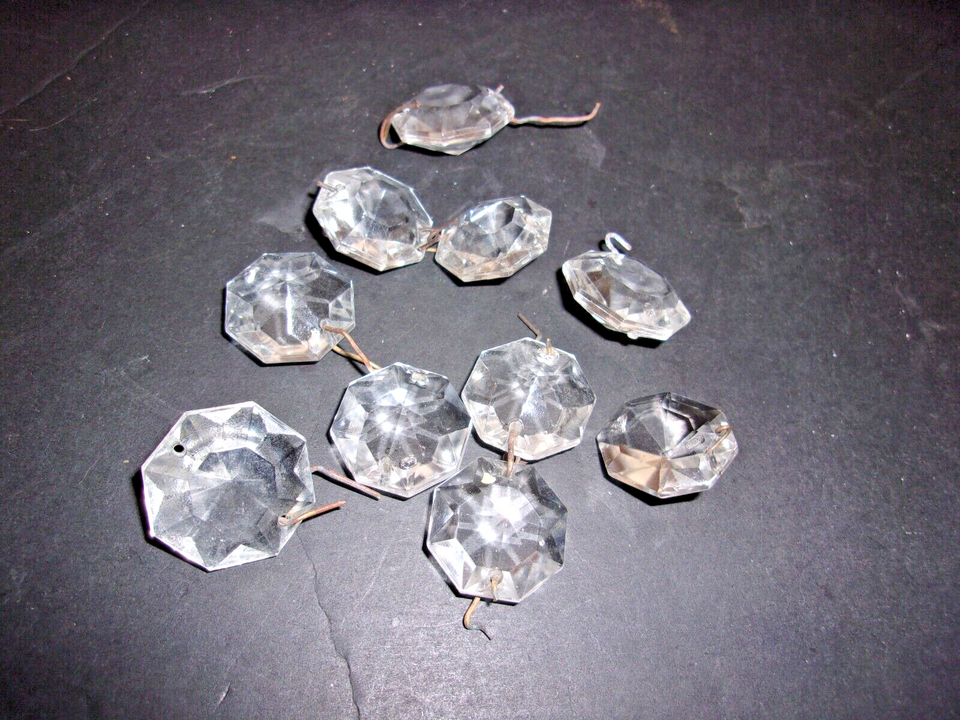 10 Vintage 1" Octagon Crystals two holes Old Chandelier Prisms NICE BAG ...