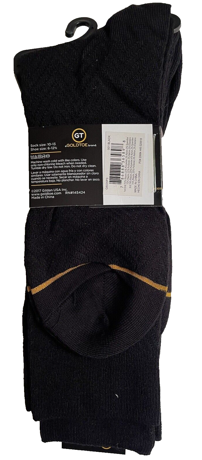 GT Goldtoe Men's 3-Pair Rayon Black Socks Shoe Size 6-12 1/2 Superb ...