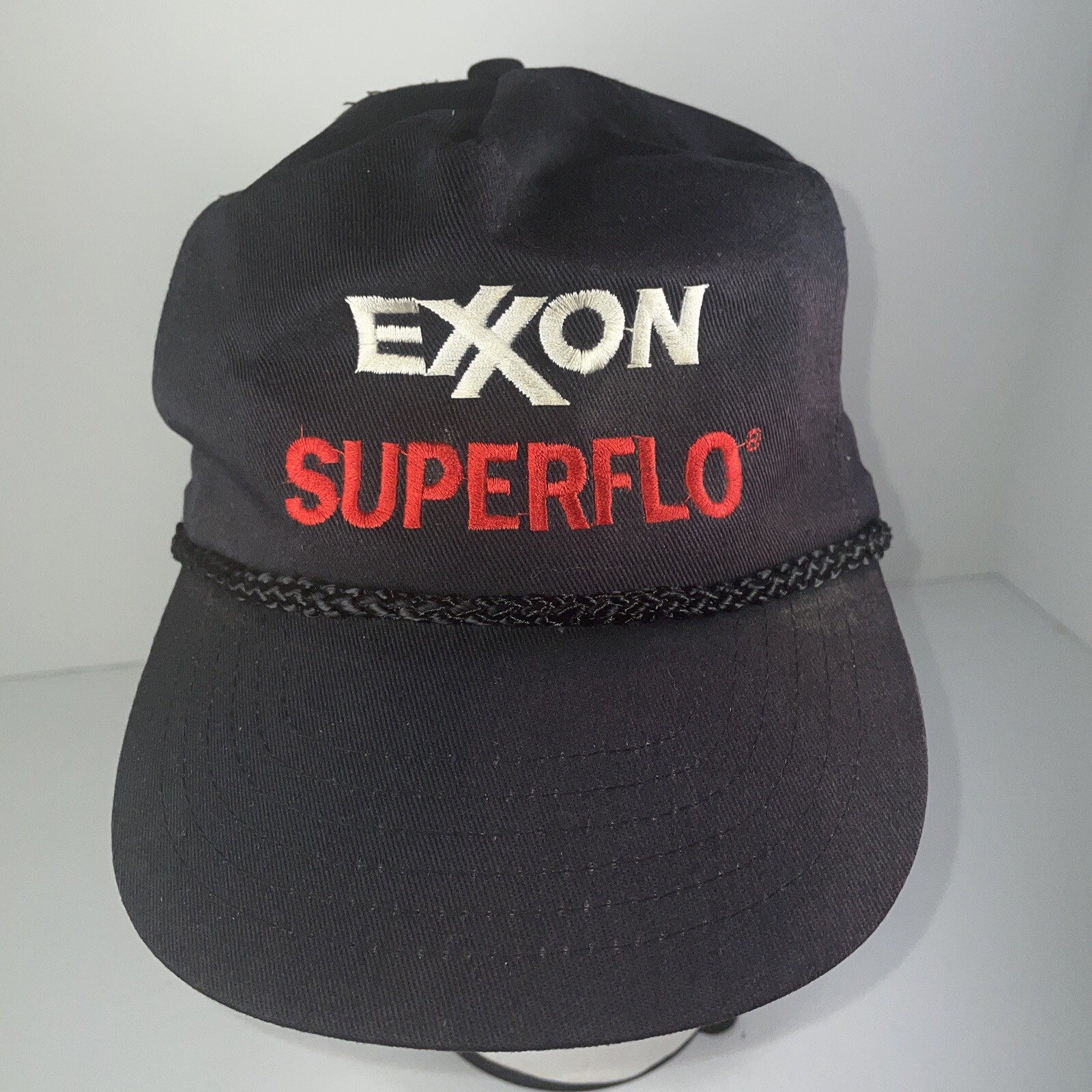 VTG Exxon Superflo Spell Out Hat Black Snapback Rope Baseball Cap ...