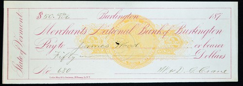 Obsolete Bank Check Merchants National Bank of Burlington 187- Vermont ...