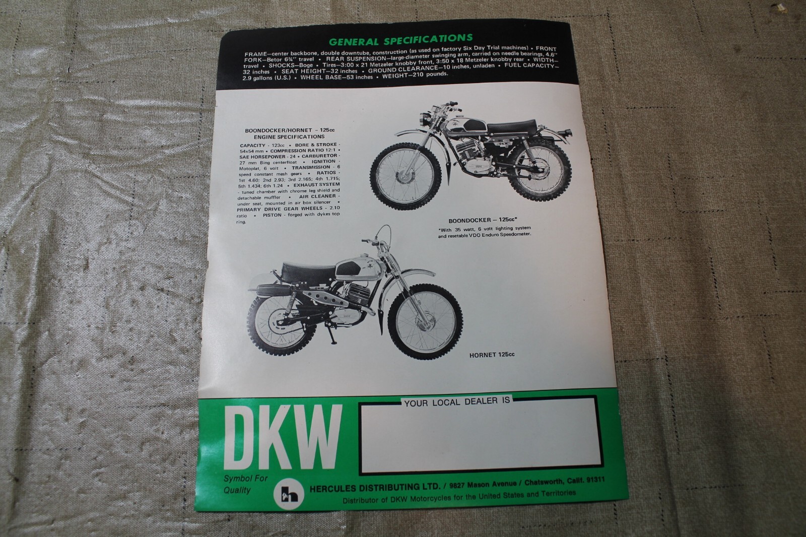 Original 1971 DKW Hornet Boondocker 125 1 Page Sales Brochure - Fork ...
