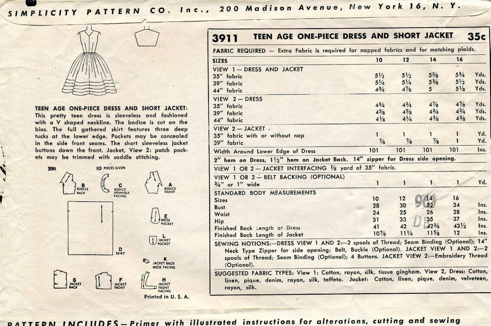 1950's VTG Simplicity Teen Age Dress and Jacket Pattern 3911 Size 14 | eBay
