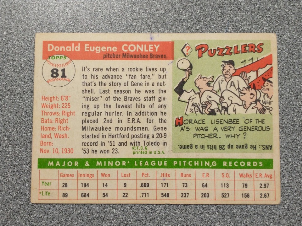 1955 TOPPS #81 GENE CONLEY BRAVES SIGNED AUTOGRAPHED CARD - FREE ...