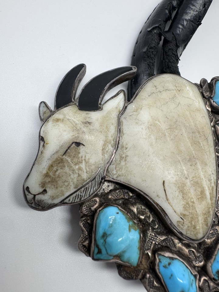 NATIVE AMERICAN NAVAJO? TURQUOISE & STERLING HAND CARVED MOUNTAIN GOAT ...