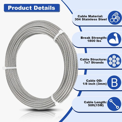 1/8 Stainless Steel Cable 50ft 1/8 Steel Wire Rope with M6 Turnbuckle ...