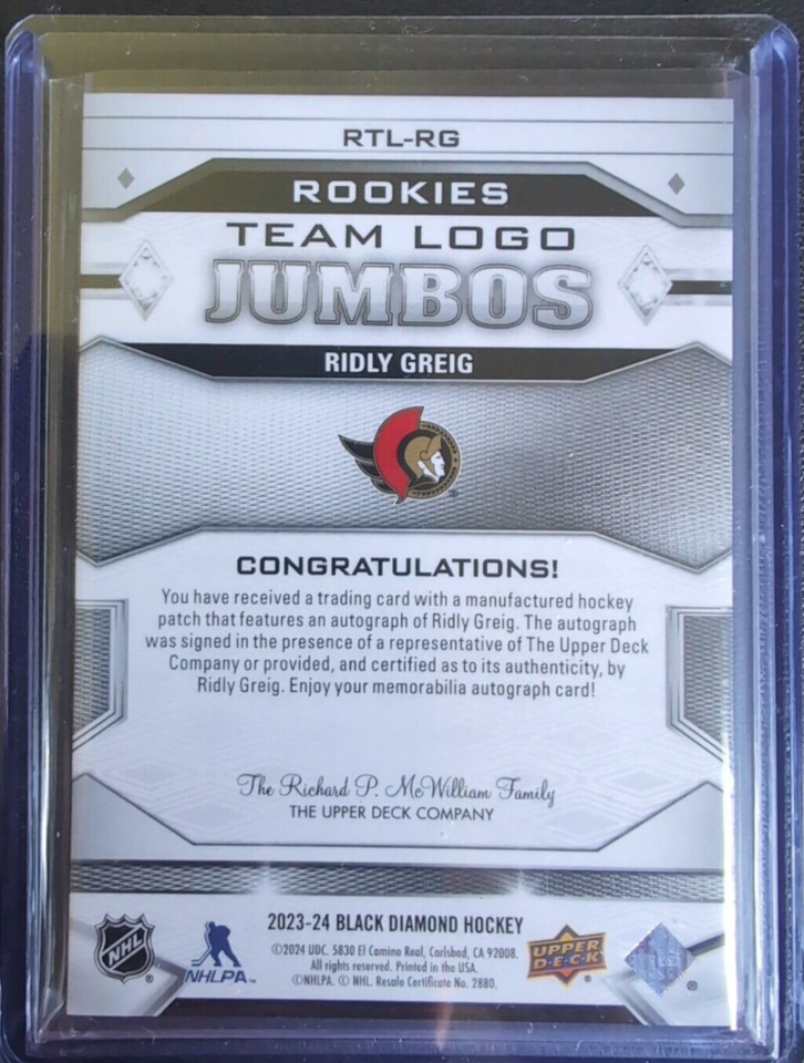 2023-24 UD Black Diamond - Ridley Greig Team Logo Jumbos Auto /10 | eBay