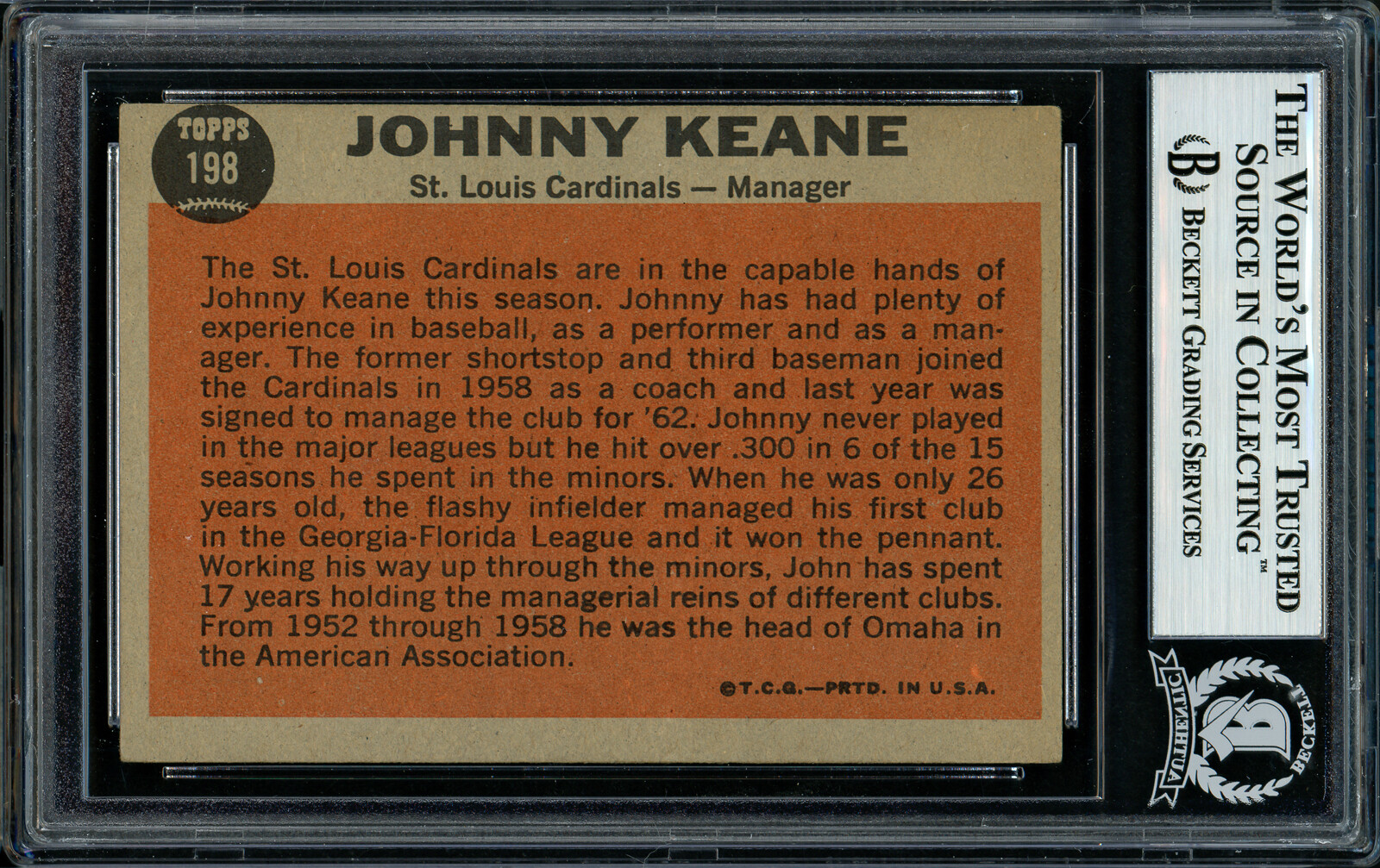 Johnny Keane Autographed 1962 Topps Card Cardinals Died 1967 Beckett ...