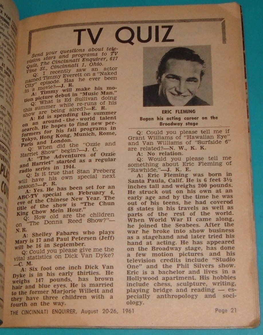 1961 CINCINNATI ENQUIRER TV GUIDE~ERIC FLEMING RAWHIDE~CYNTHIA PEPPER ...
