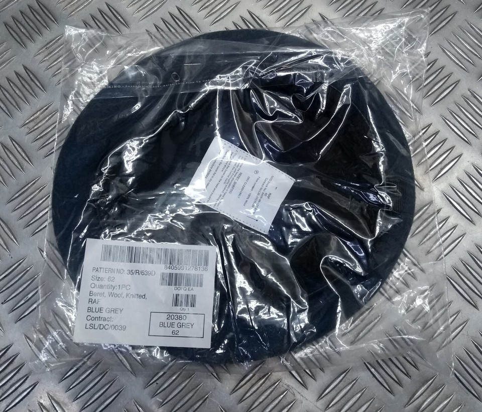 RAF Beret Knitted Wool Blue Grey With Leather Rim & Badge Eyelets Asst ...