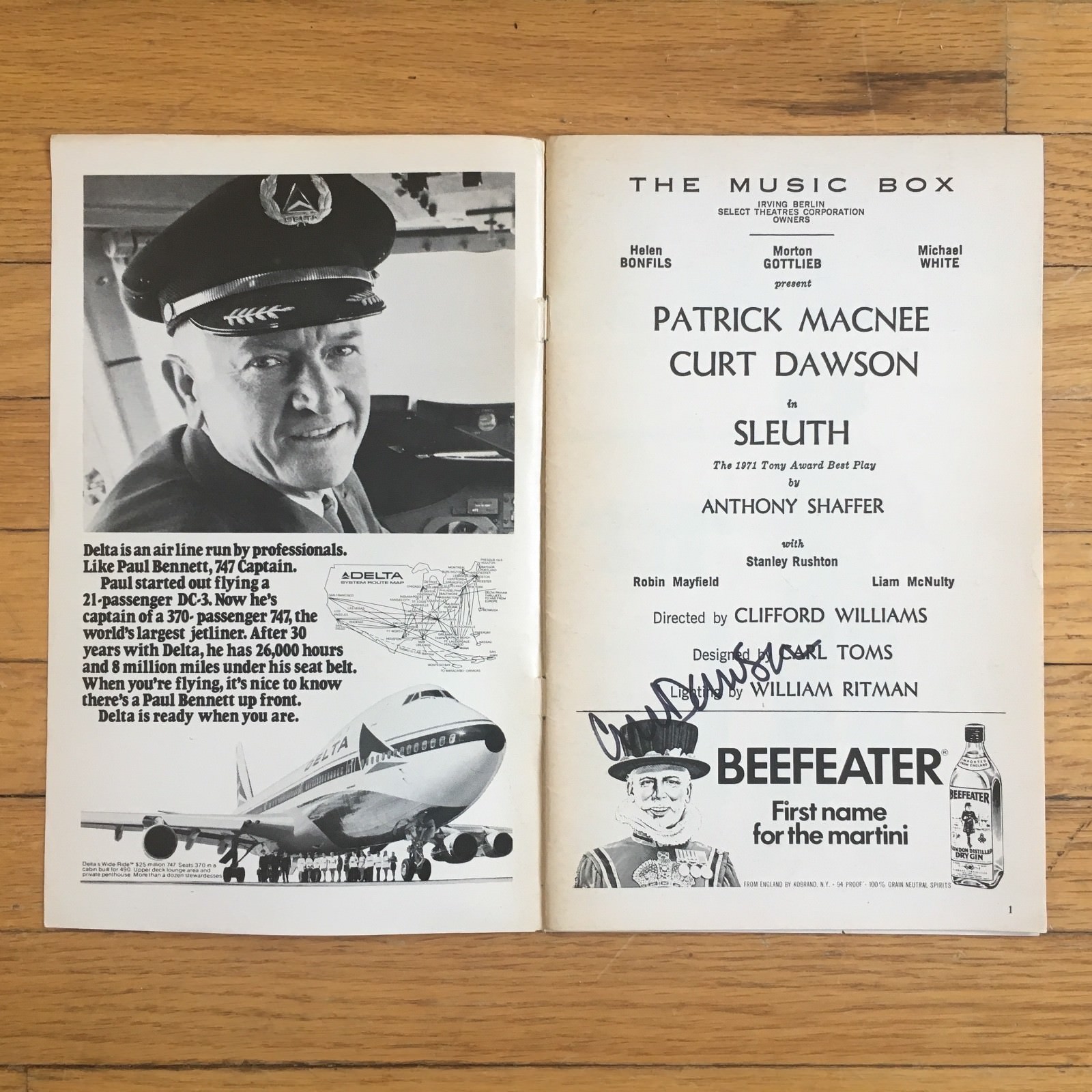 Curt Dawson Sleuth Music Box Theatre 1971 Autographed Signed Old ...