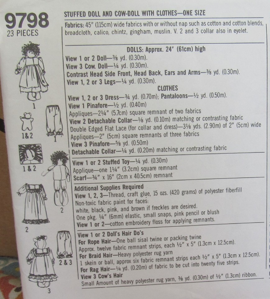 VTG Simplicity Crafts 9798 Rag & Cow Doll with Clothing 24" Folk Art ...