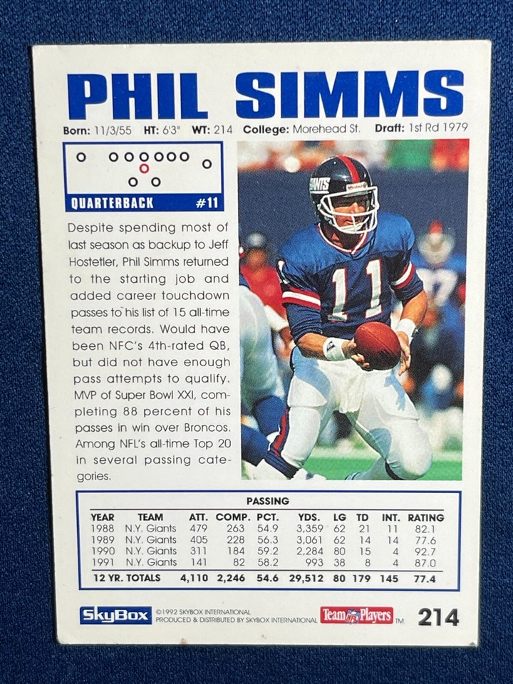 1992 SKYBOX IMPACT #214 PHIL SIMMS (NEW YORK GIANTS) FOOTBALL CARD | eBay