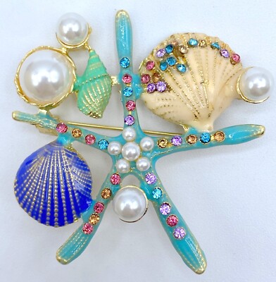 X-42 BROOCH GOLD TONE PIN 2.25" RHINESTONE ENAMEL OCEAN SEASHELL ...