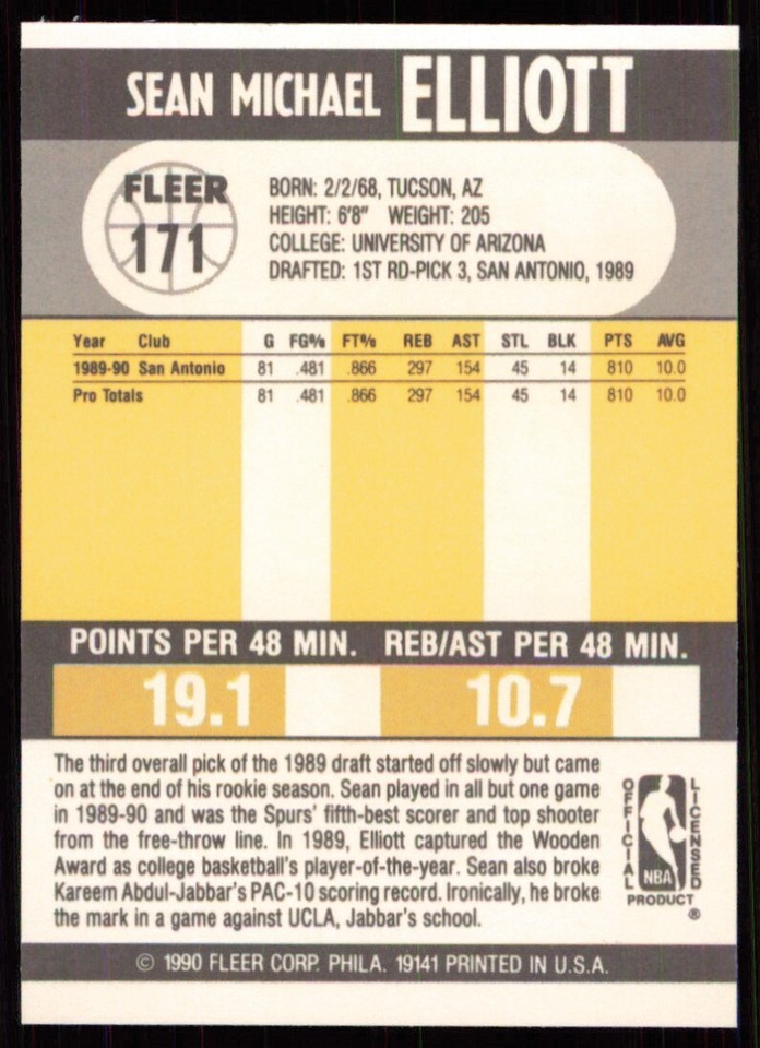 1990-91 Fleer Sean Elliott Rookie San Antonio Spurs #171 | eBay