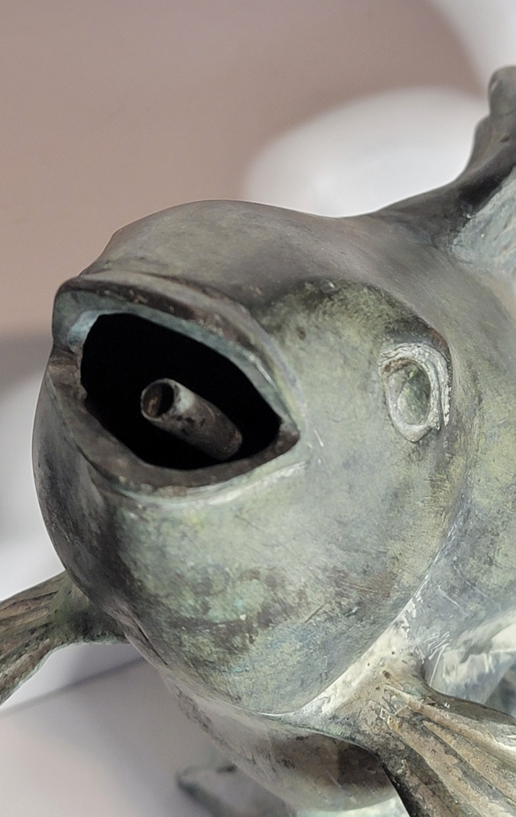 Antique 11-inch Bronze Verdigris Koi Carp Fish Fountain, Salvaged