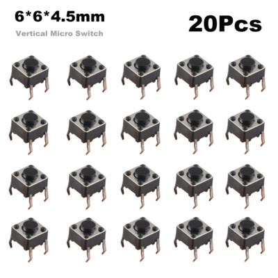 20Pcs Push Button Momentary Vertical Insertion 6X6X4.5mm 4 Pins Micro ...