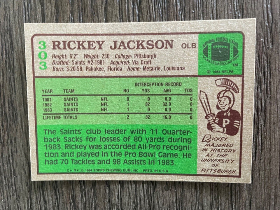 RICKEY JACKSON 1984 Topps Rookie Card #303 New Orleans Saints NFL Hall ...