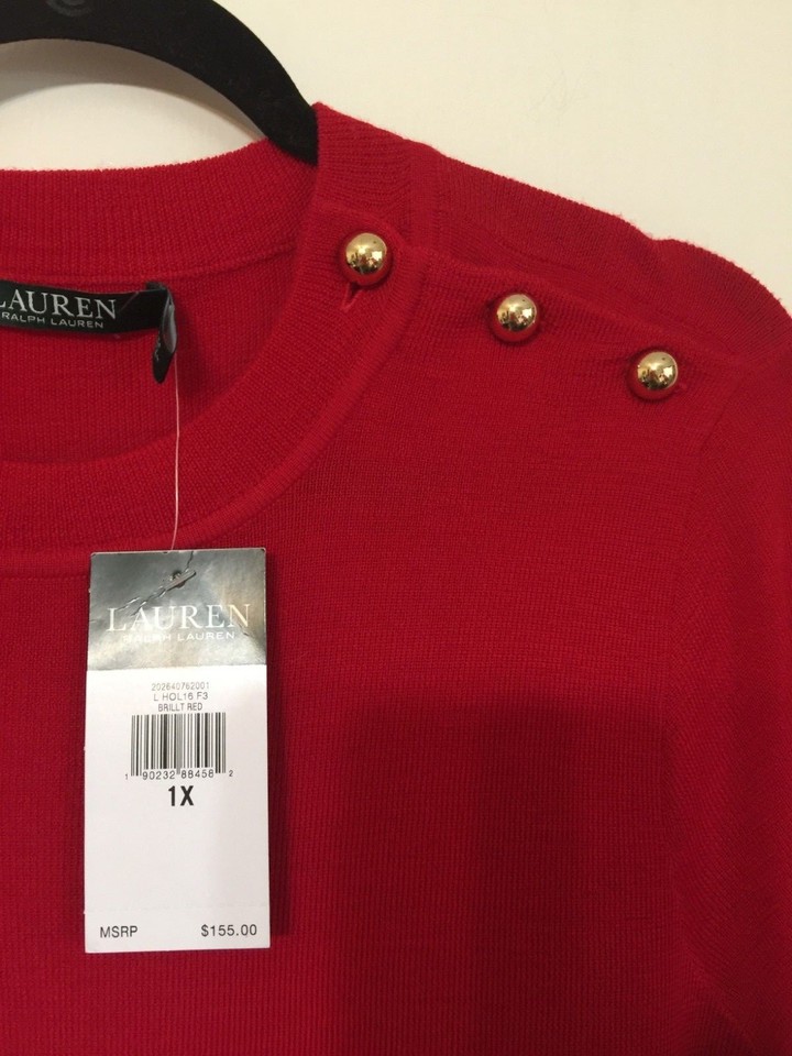 NWT~RALPH LAUREN PLUS~RED LIGHTWEIGHT WOOL LAYERED SWEATER/TOP~SIZE 1X ...