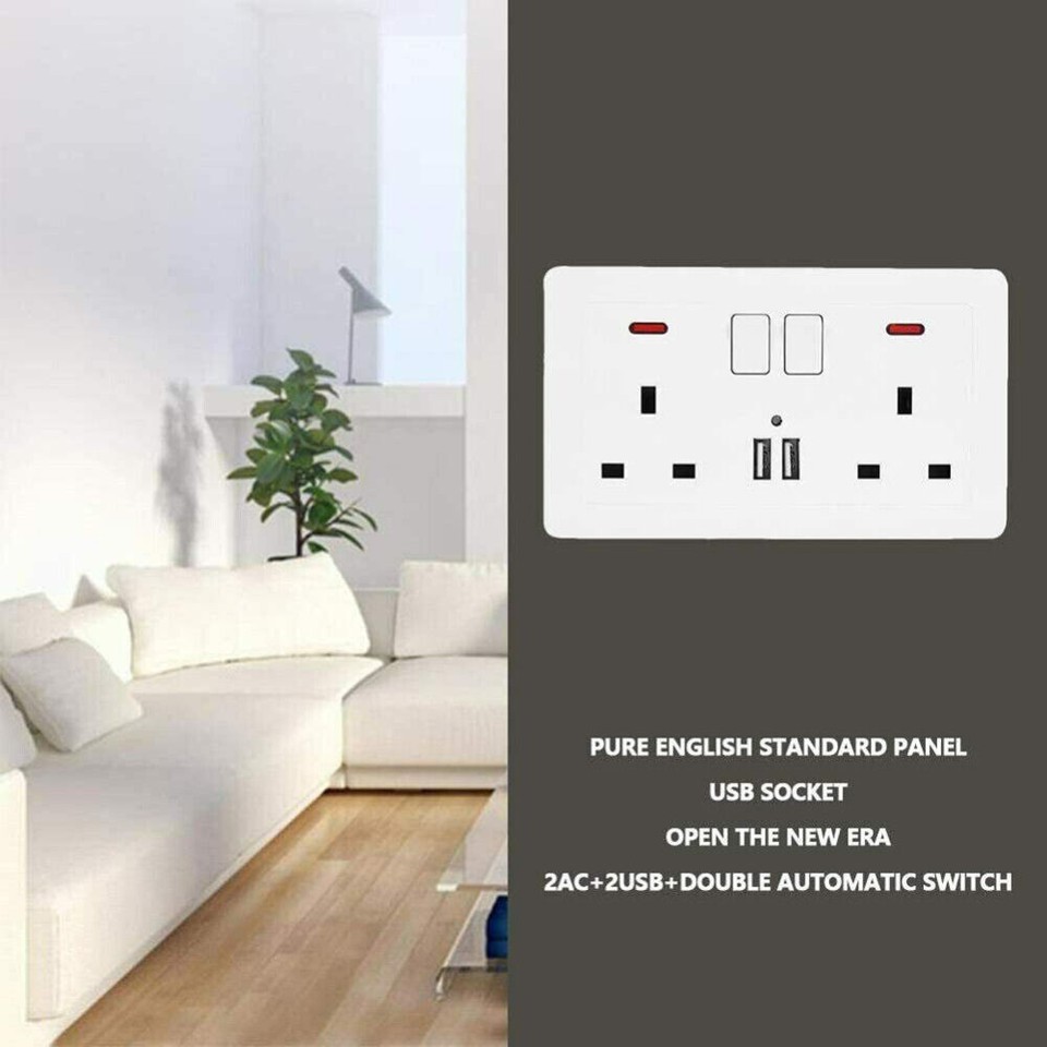 5x Double Wall Plug Socket 2 Gang 13A w/ 2 Charger USB Ports Outlets ...