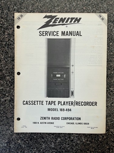 Zenith Service Manual TR36 Cassette Tape Player/Recorder, Model 169-494 ...