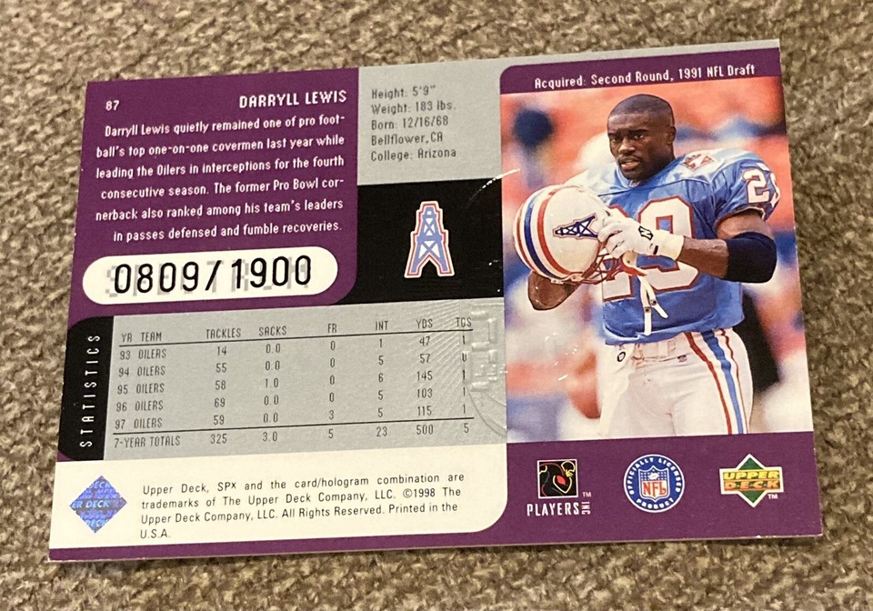 1998 SPx Finite Spectrum #87 Darryll Lewis SP #d 809/1900 Oilers | eBay