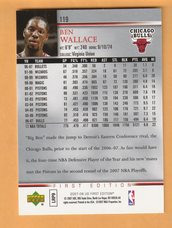 Ben Wallace Chicago Bulls 2007-08 Upper Deck First Edition #119 HOF 8P ...