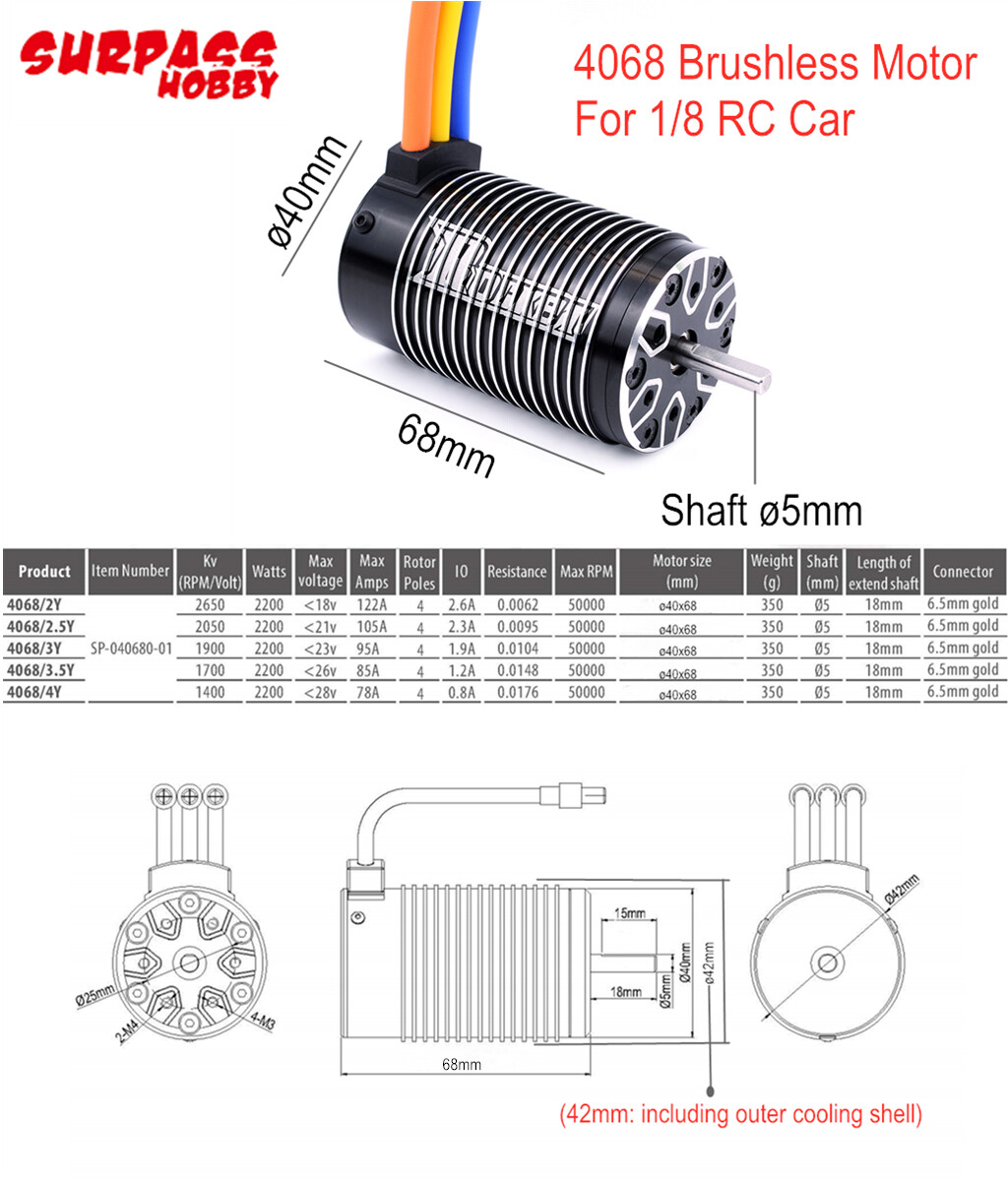 Rocket 4068 Brushless Motor 2650/2050/1900/1700KV for 1/8 RC Racing Car ...
