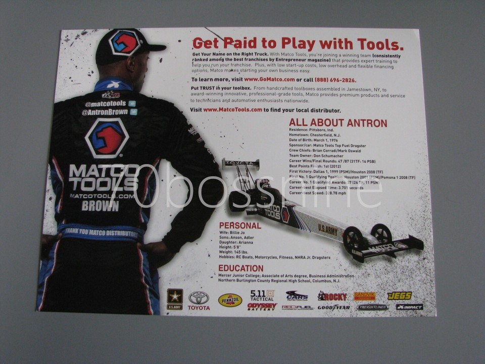 ANTRON BROWN MATCO TOOLS TOP FUEL DRAGSTER 8.5X11 NHRA DRAG RACING ...