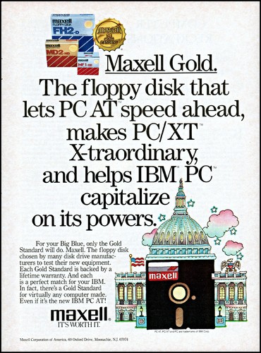 1985 Maxell Gold IBM PC floppy disk White House retro art print ad ...