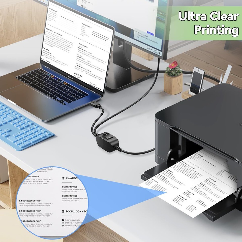 Printer Cable Splitter 1 in 2 Out Printer Splitter for Two Computers ...