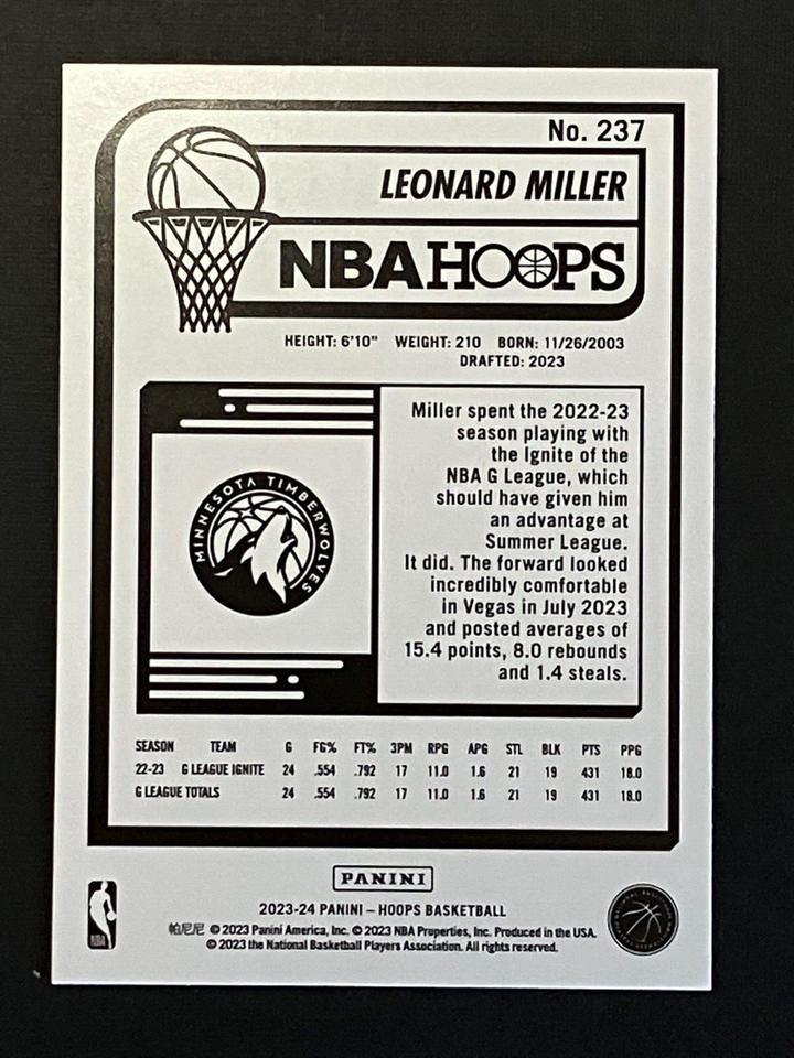 2023-24 Panini NBA Hoops Purple SP #237 Leonard Miller RC Minnesota ...