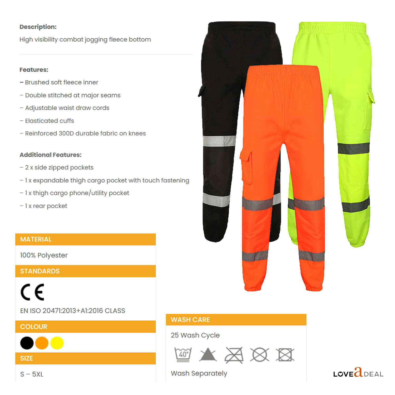 Hi Vis Viz Joggers Bottom Pants Mens Fleece Trouser Workwear Jogging ...