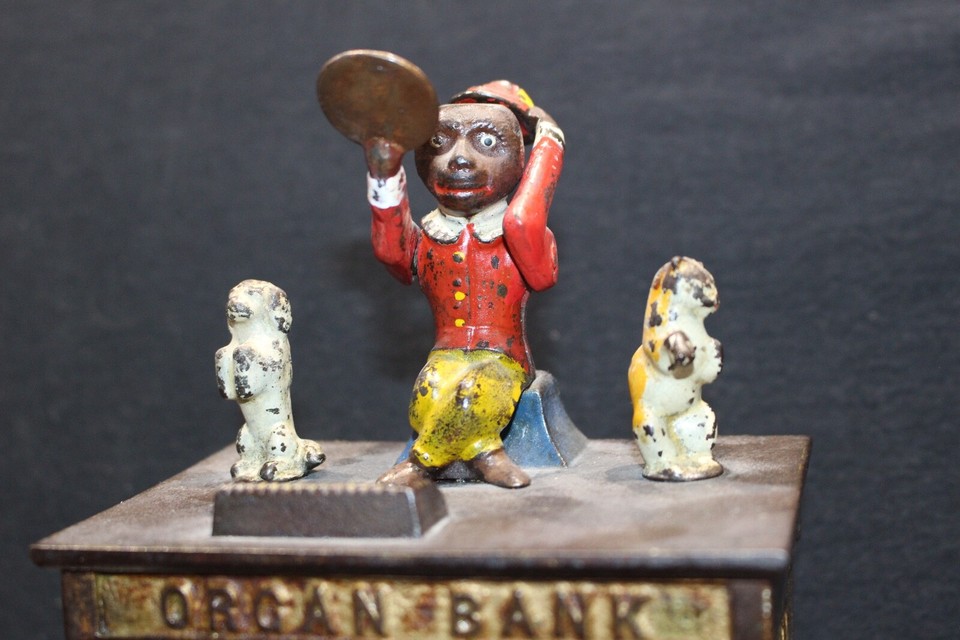 1882 Kyser & Rex Cast Iron Mechanical Bank Monkey "Organ Bank" cat and ...