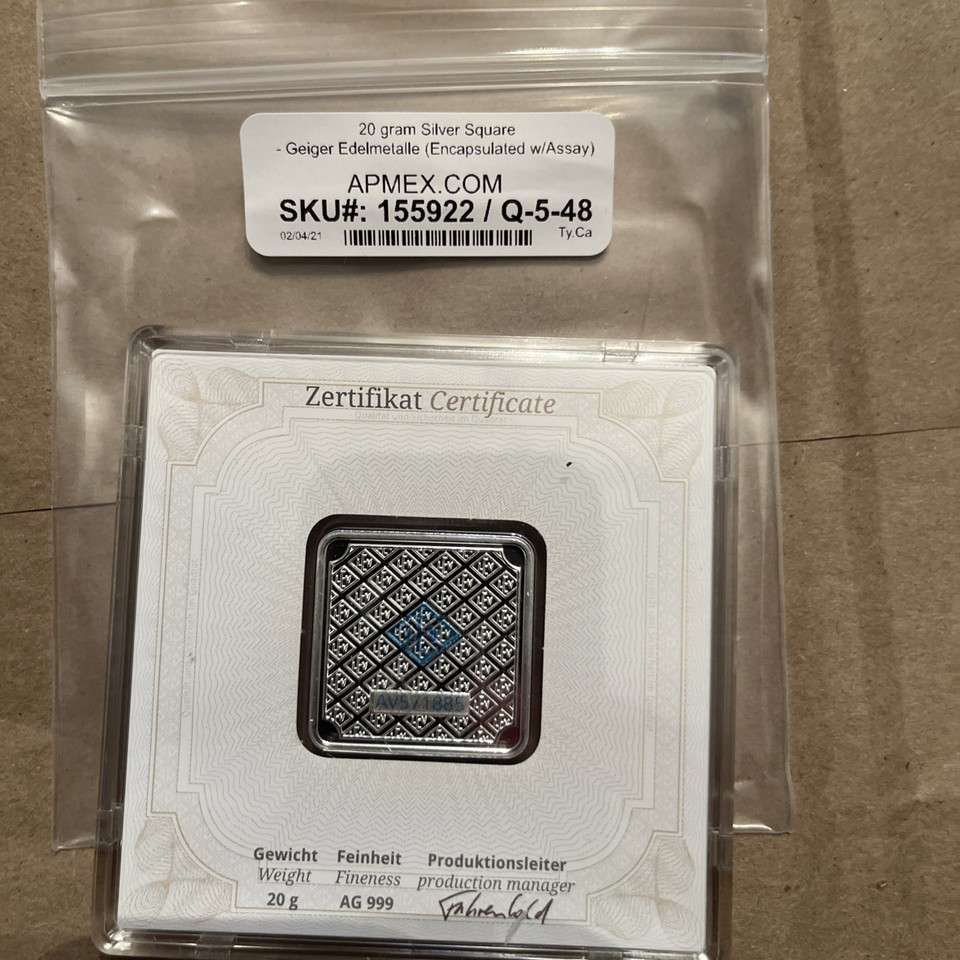 Geiger Edelmetalle 20 gram .999 Silver Bar - In Assay serial # AV571885 ...