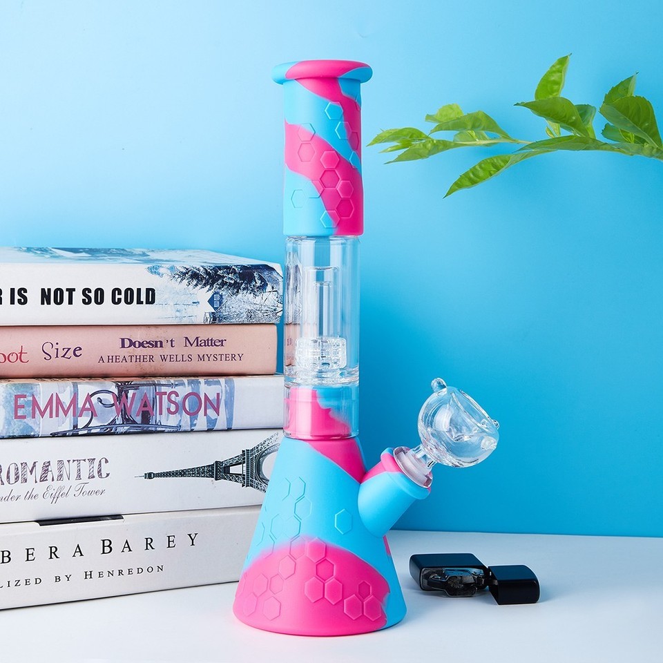 12" Silicone Glass Bong Set Smoking with Box Heavy Beaker Tobacco Water ...