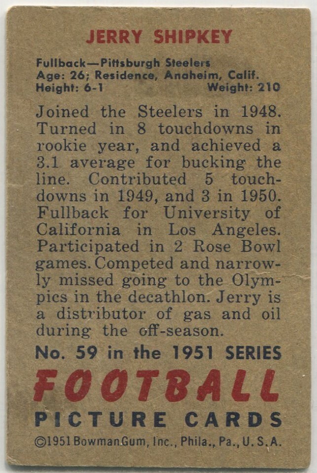 1951 Bowman #59 Jerry Shipkey Pittsburgh Steelers | eBay