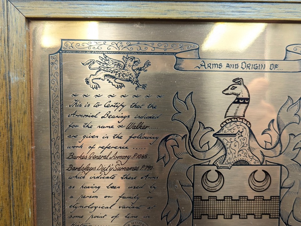 Framed Copper Plate - Coat of Arms of the Walker Family Surname - 31cm ...