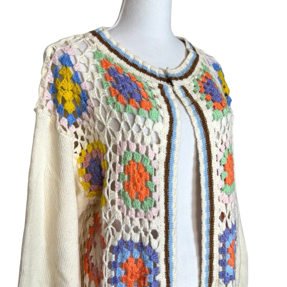 Y2K Boho Crochet Granny Square Knit Duster Cardigan Size L Multicolor ...