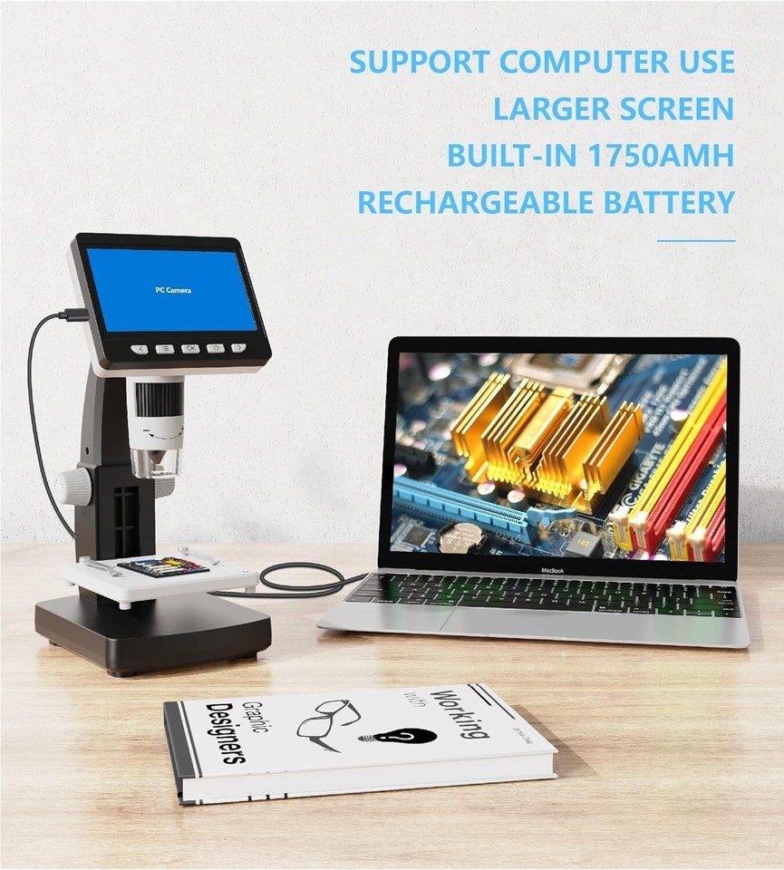Digital Microscope 1000X USB Coin Microscope 4.3" LCD Screen Soldering ...