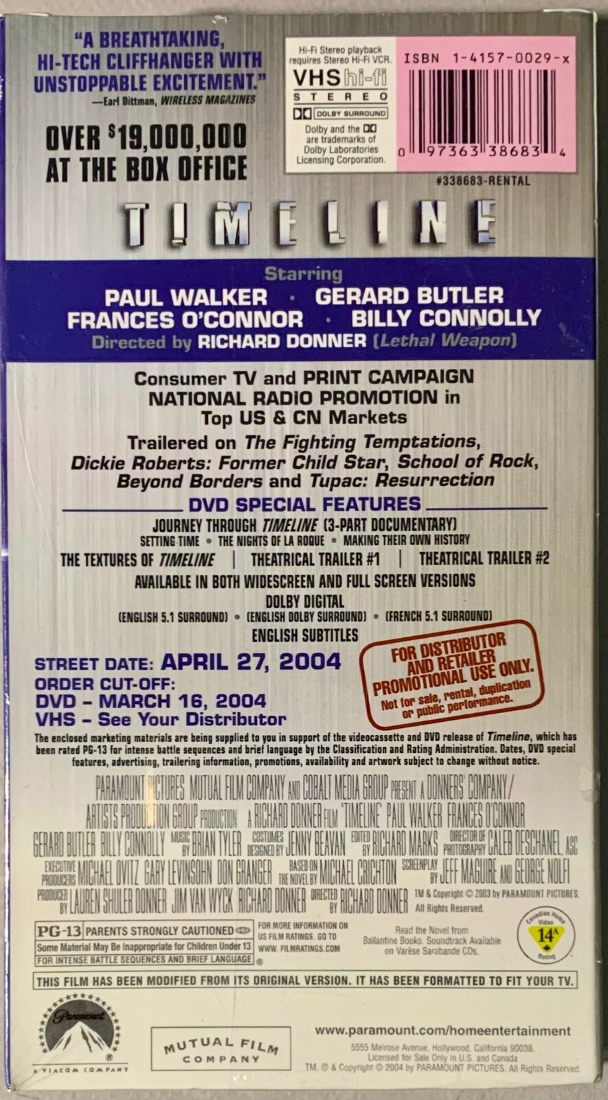 Timeline Richard Donner Paul Walker VHS NEW Sealed Screener Copy 2004 ...