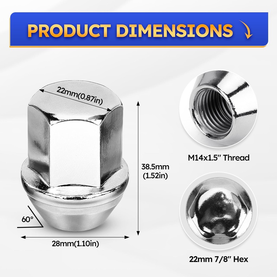 611-330 24pcs M14x1.5 Chrome OEM Factory Style Lug Nuts 22 MM Hex, 38.5 ...