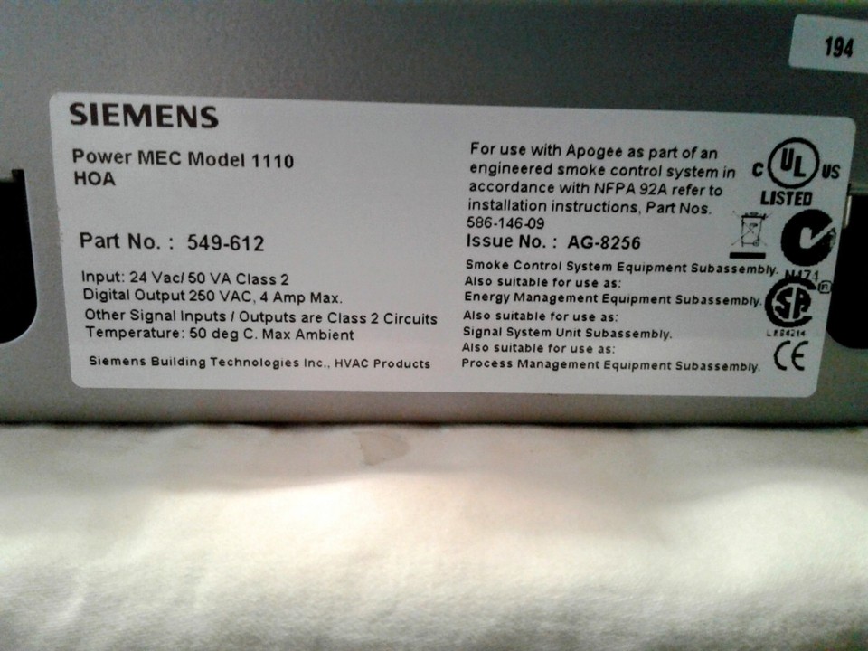 Siemens Apogee Mechanical Equipment Controller MEC Series 1110 HOA 549 ...
