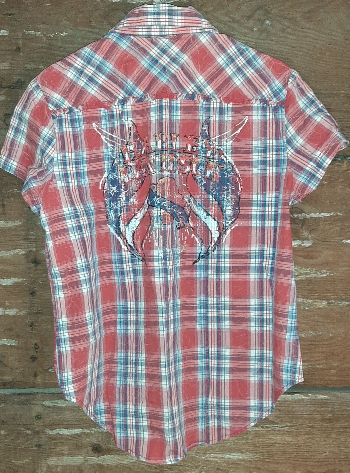 Harley Davidson Red White Blue Plaid Star Studded Shi… - Gem
