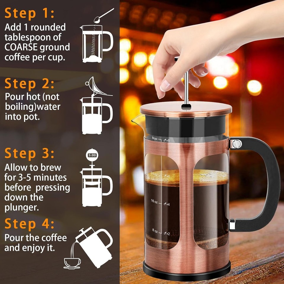 French Press Coffee Maker 34Oz, 6Cup Coffee Press with 4 Filters System (Copper) | eBay