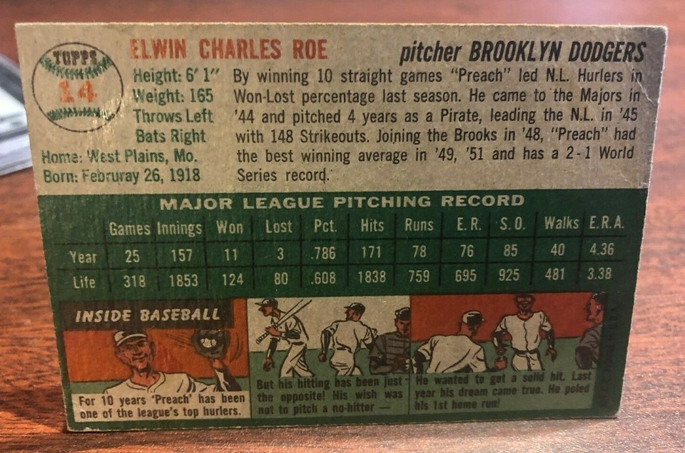 1954 Preacher Roe #14 Grey Back EX Marked. Rare | eBay