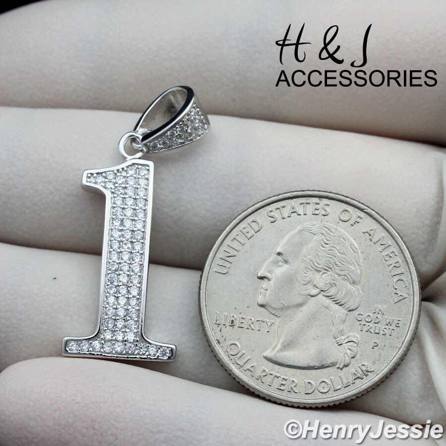 MEN WOMEN 925 STERLING SILVER ICY BLING CZ NUMBER "1" CHARM PENDANT ...