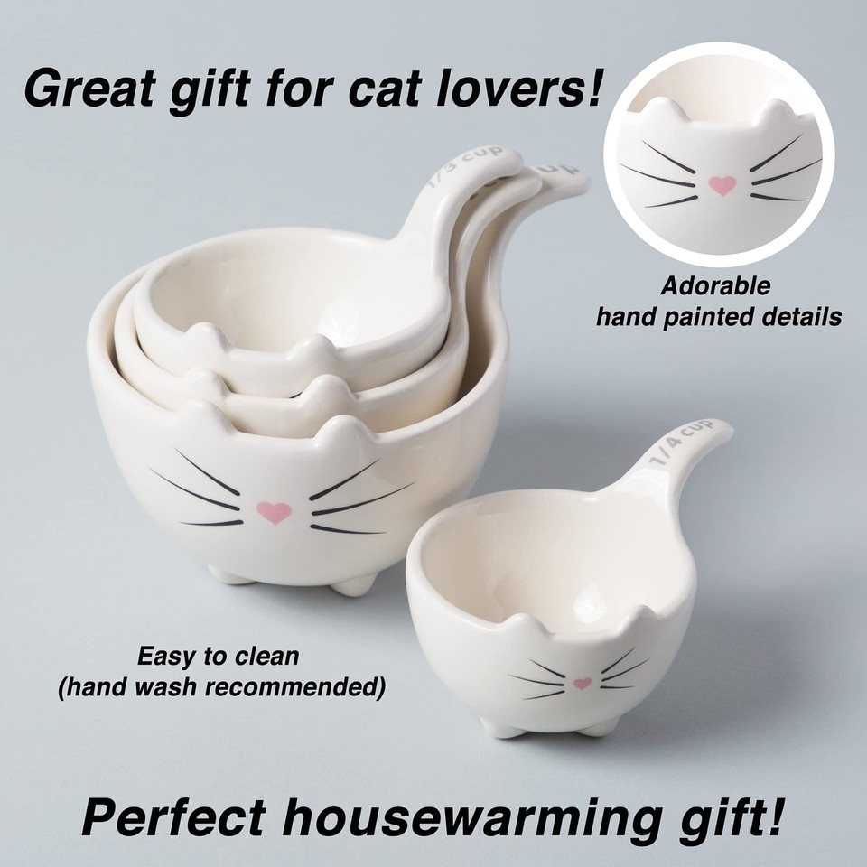 White Ceramic Cat Measuring Cups: Set of Cat Shaped Bowls - 1 Cup, 1/2 ...