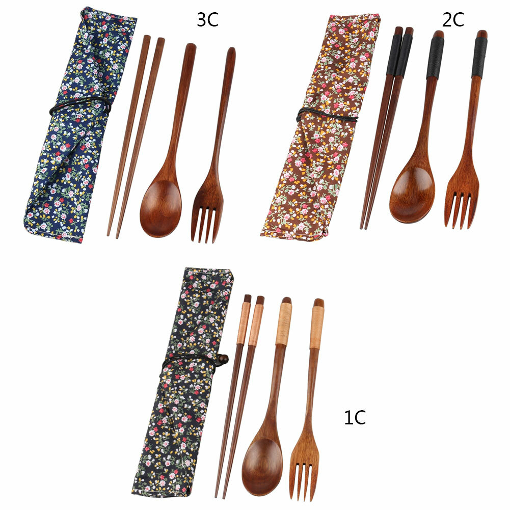 Japanese Style Wooden Cutlery Set Spoon Fork Chopsticks With Cloth Bag ...